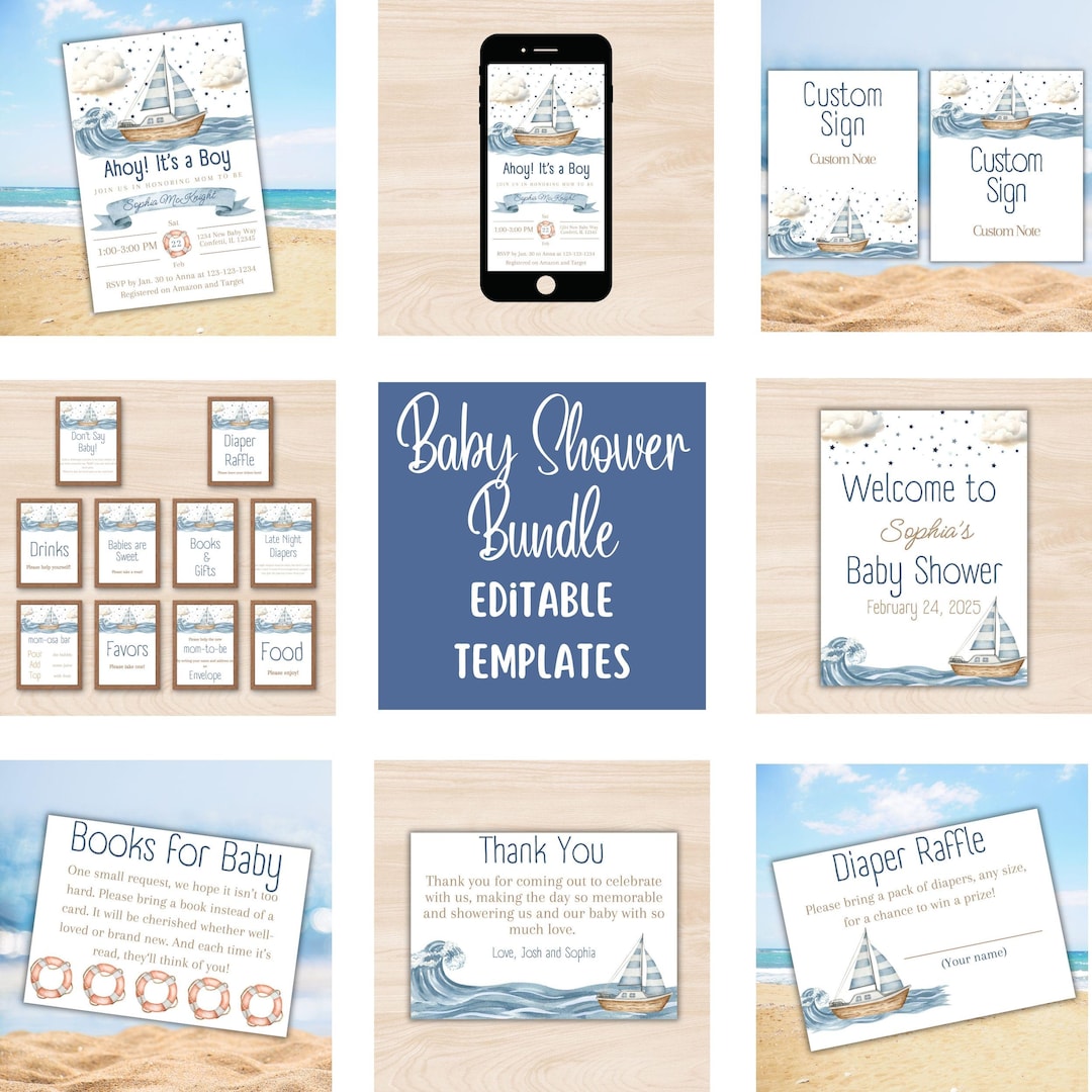 Ahoy It's A Boy Baby Shower Bundle Nautical Invitation Ocean Theme ...