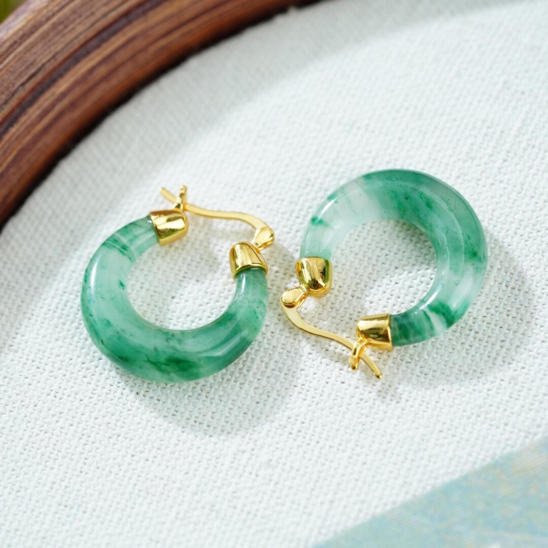 Genuine African Green Jadeite Hoop Earrings/sterling 925-silver 18kgold ...