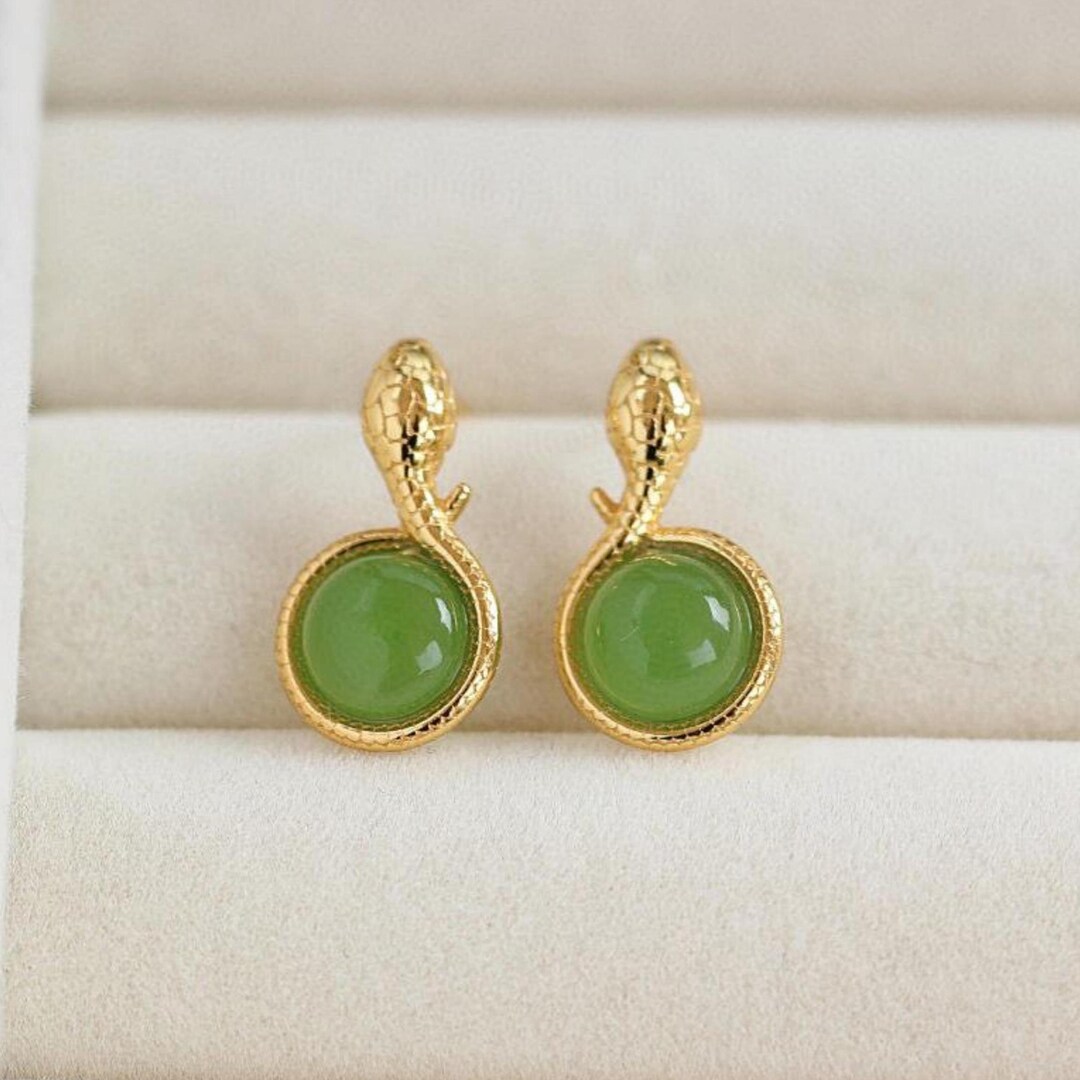 Green Jade Snake Stud Earrings: Gold Plated Sterling Silver - Etsy