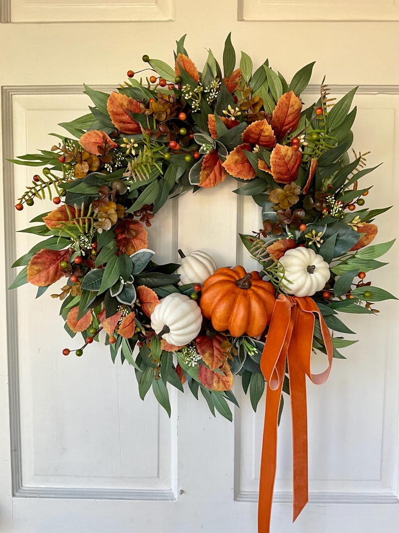 Fall Pumpkin Wreath: Orange Leaves & Eucalyptus - Thanksgiving ...