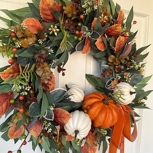 Fall Pumpkin Wreath: Orange Leaves & Eucalyptus - Thanksgiving ...