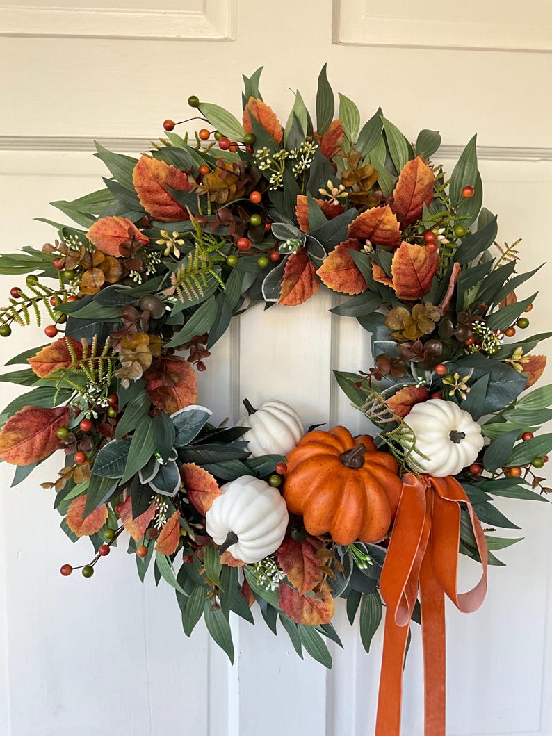 Fall Pumpkin Wreath: Orange Leaves & Eucalyptus - Thanksgiving ...