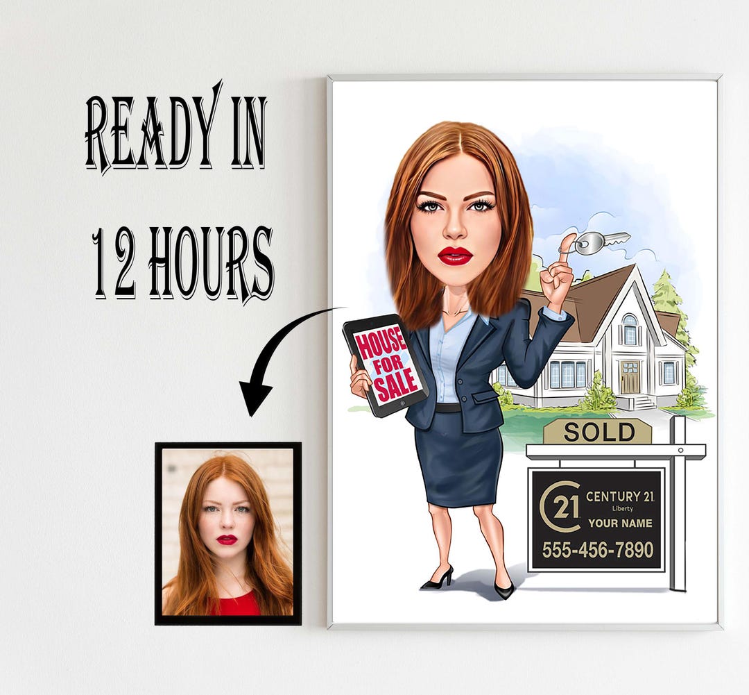 Personalized Female Real Estate Agent Caricature Portrait, Digital ...
