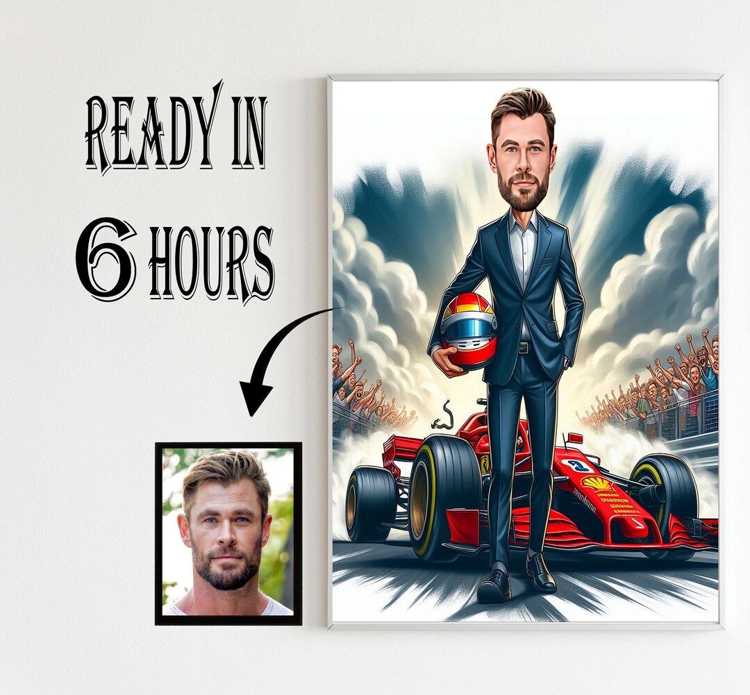 Custom F1 Racing Caricature Portrait Formula 1 Caricature Drawing From Photo, Unique Gift for ...