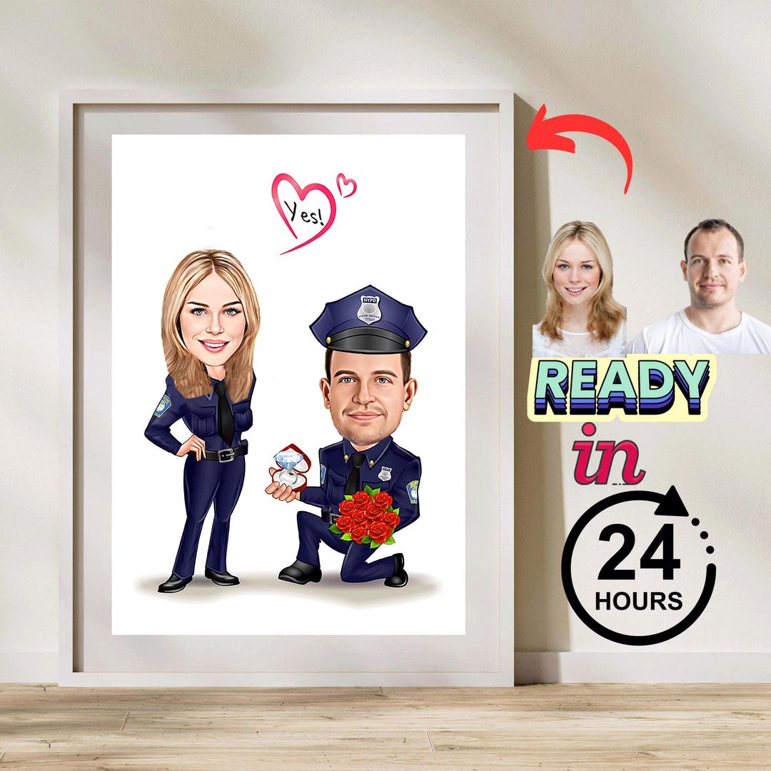 Custom Police Couple Cartoon Portrait Valentine's Day Couple Portrait ...