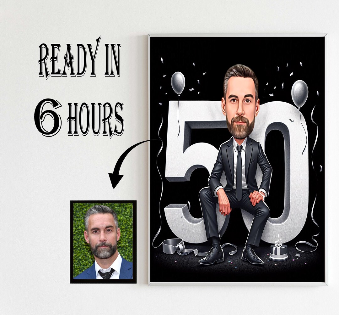 Personalized 50th Cartoon Portrait, Custom Happy Birthday Caricature ...