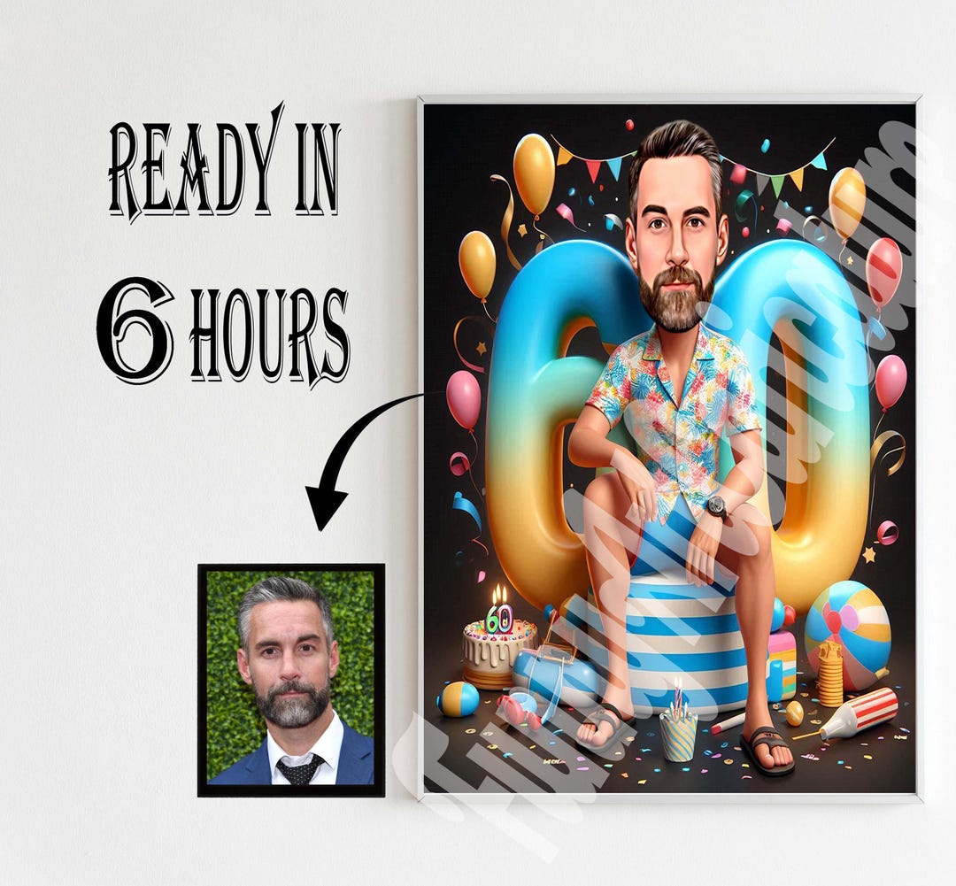 New Custom 60th Birthday Beach Theme Caricature From Photos Happy ...