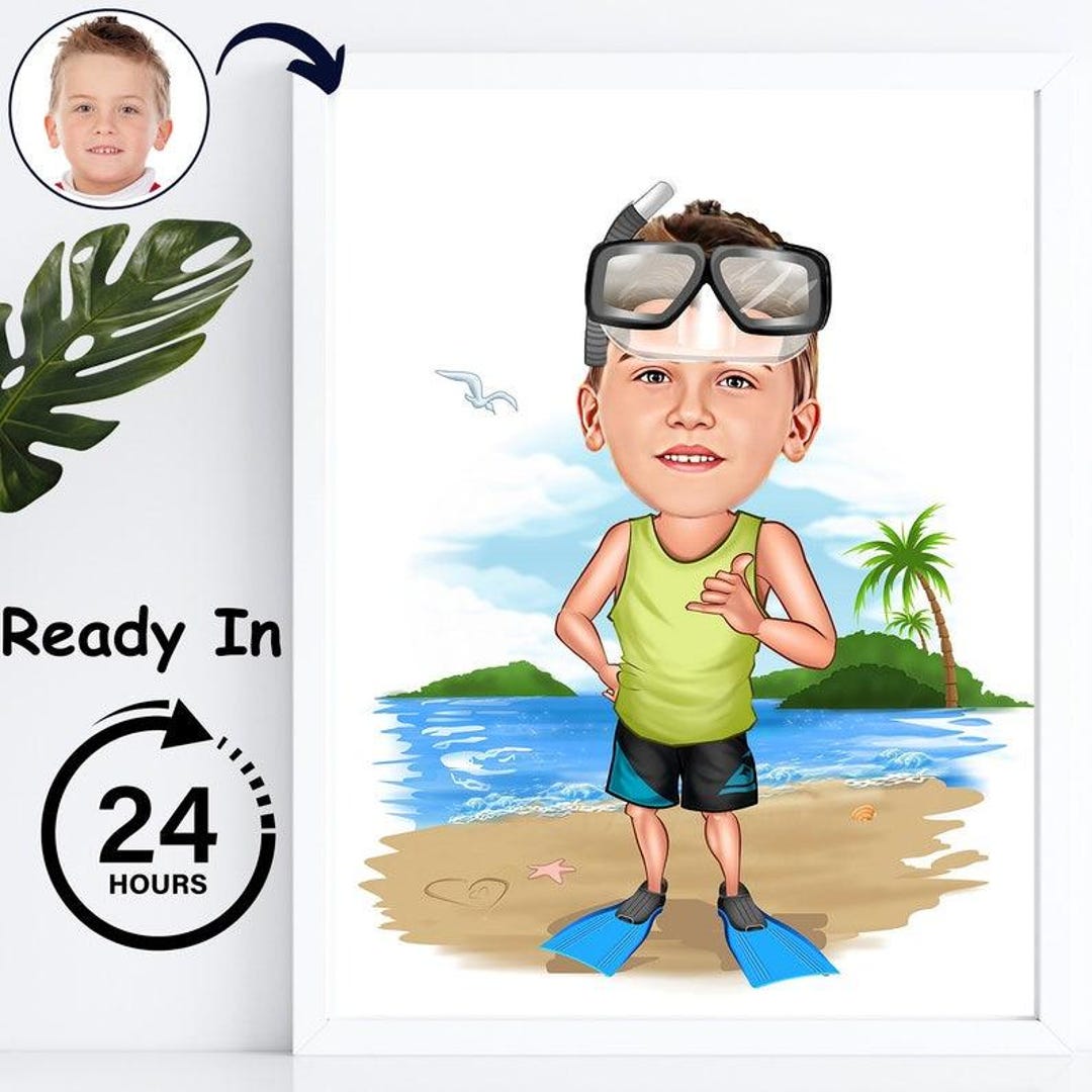 Personalized Kid Diving Caricature Art, Swimmer Kid Diving Wall Art ...