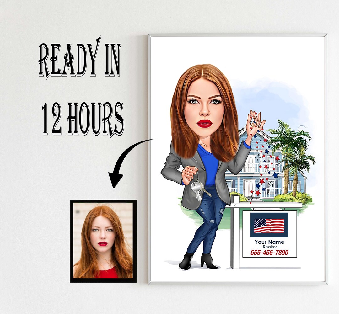 Custom Realtor Cartoon Portrait, Realtor Caricature Gift, Real Estate ...