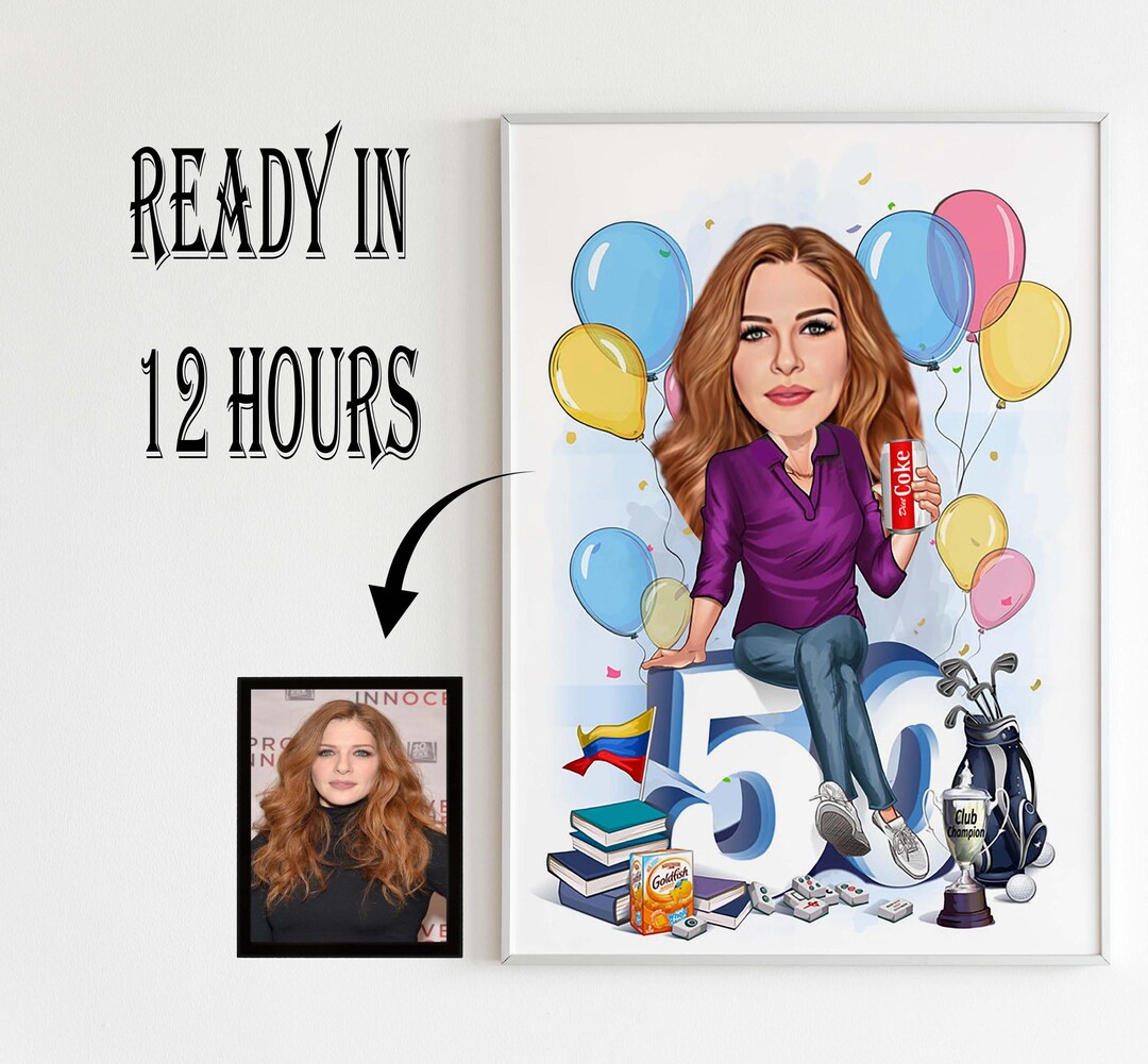 Personalized 50th Female Birthday Caricature From Photos, Happy ...