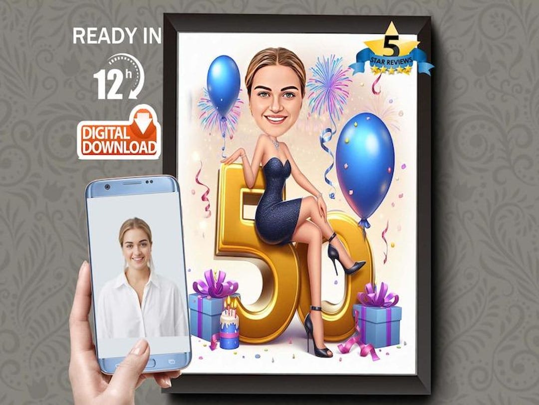 Customized 50th Birthday Caricature From Photos, Happy Birthday Cartoon ...