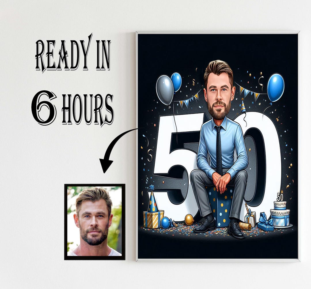 50th Cartoon Portrait, Custom Happy Birthday Caricature Drawing, Funny ...