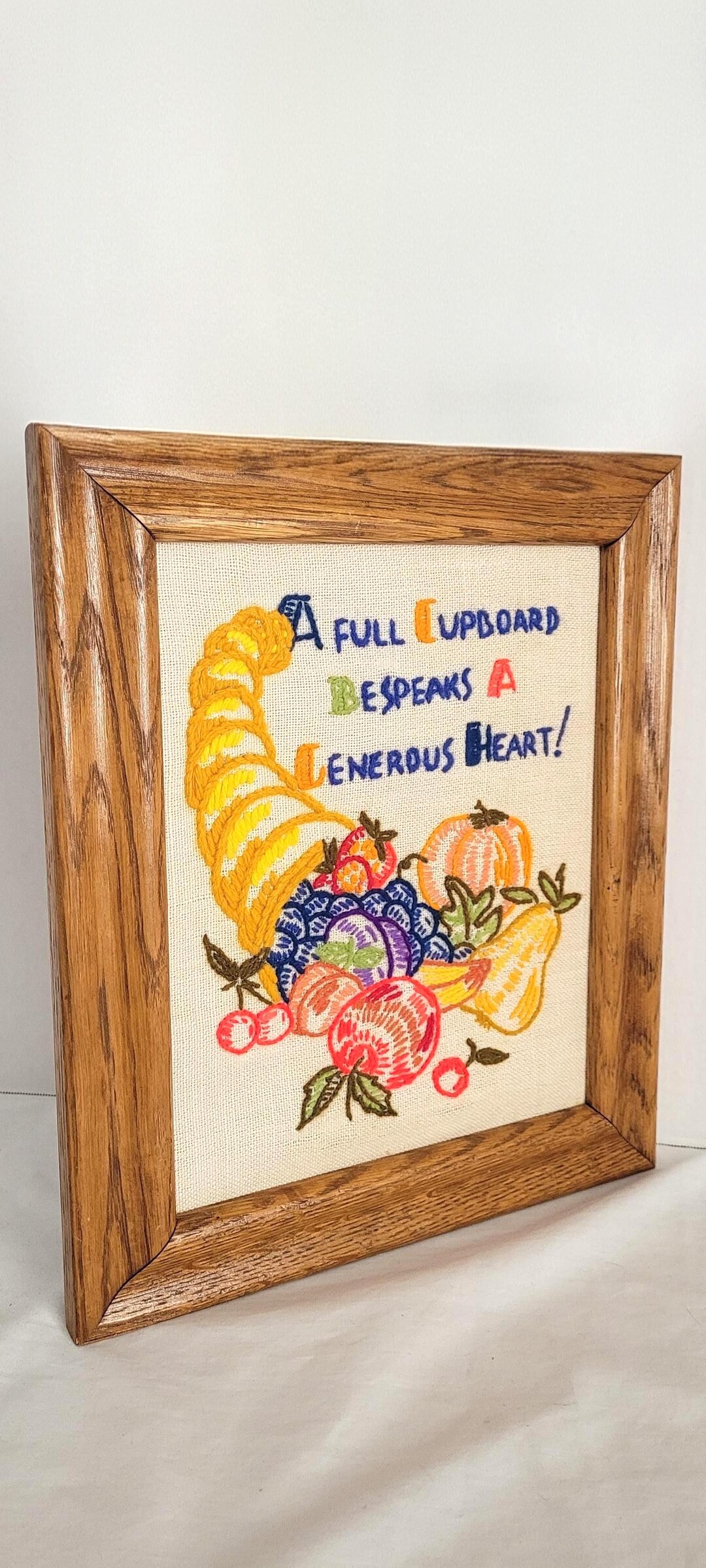 Vintage Framed Crewel Embroidery Hand Stitched Wall Art Basket Fruits ...