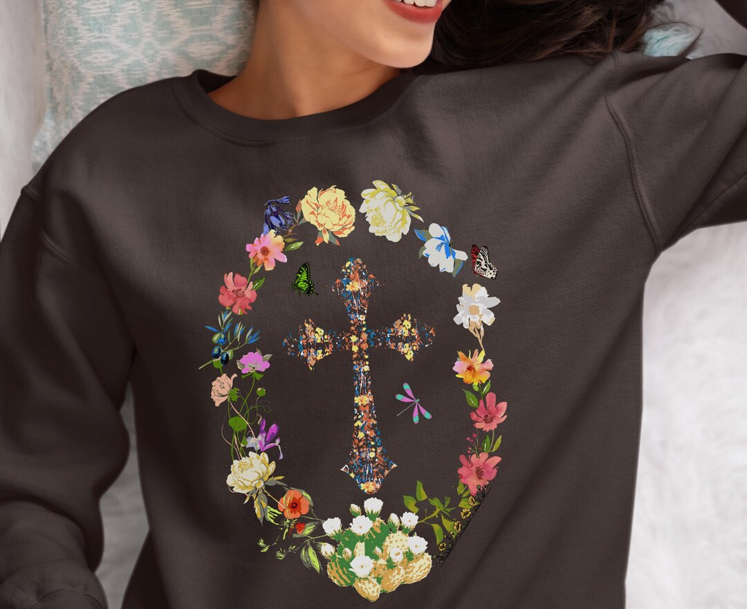 Floral Cross, Boho Cottagecore Sweater, Botanical Chistian Cross ...