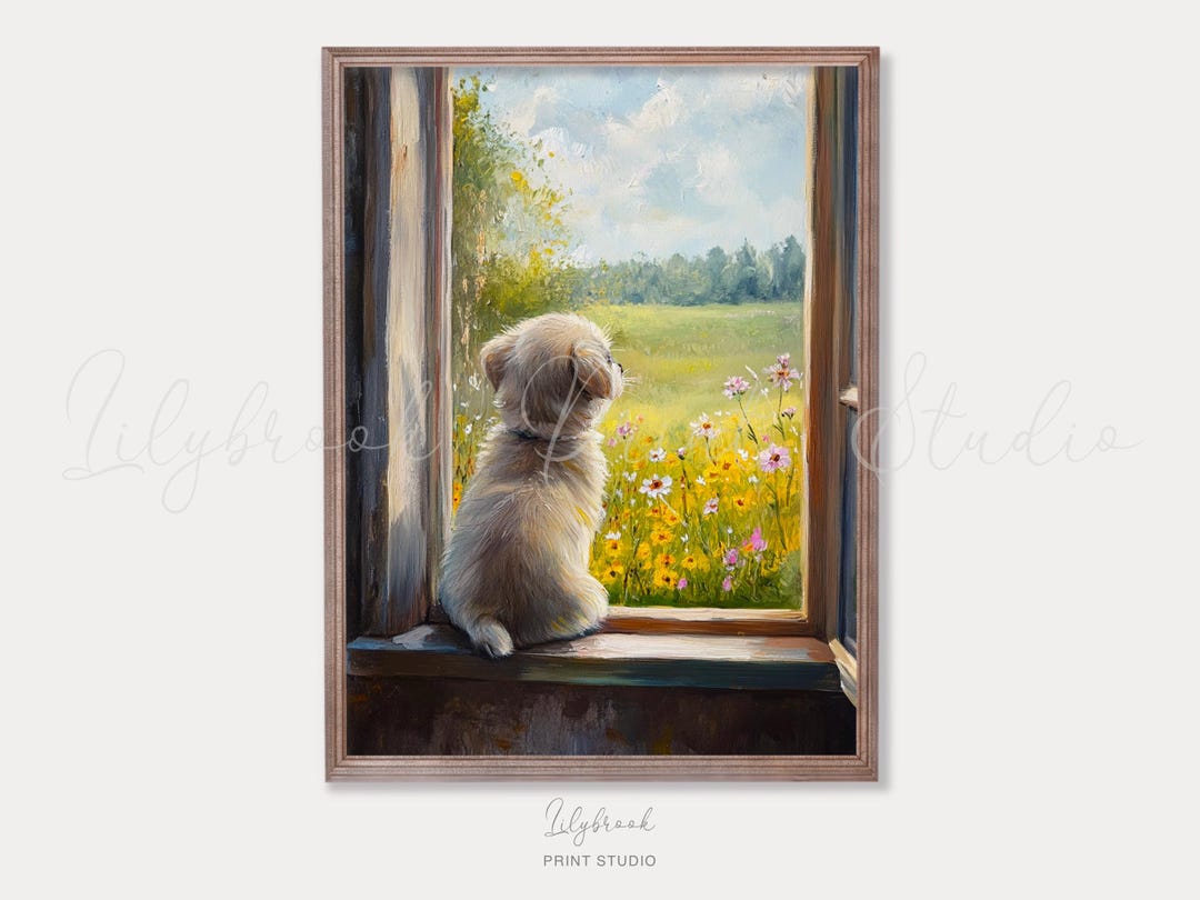 Open Window Dog Wall Art: Digital Printable Puppy Painting ...
