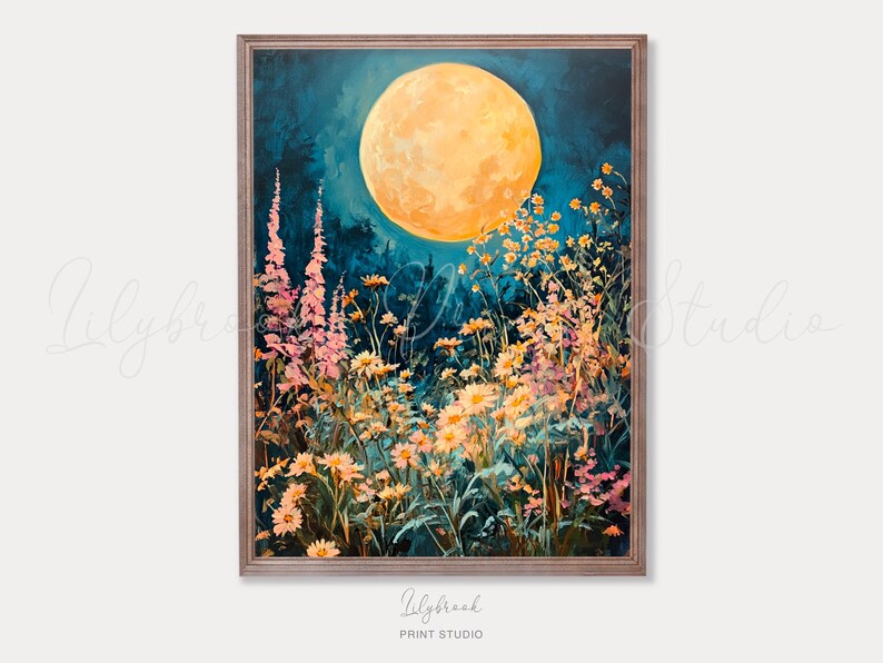 Wildflower Moon Oil Painting Print: Elegant Floral Wall Art (digital ...