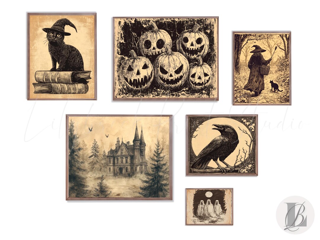 Vintage Halloween Prints Set of 6 Halloween Print, Halloween Wall Art ...
