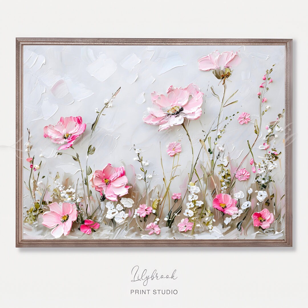 Pink Floral Printable Wall Art, Pink Flowers Print, Oil Painting ...