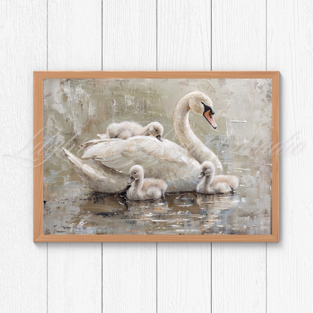 Swan and Signets Oil Painting Art Print (digital Download) - Etsy