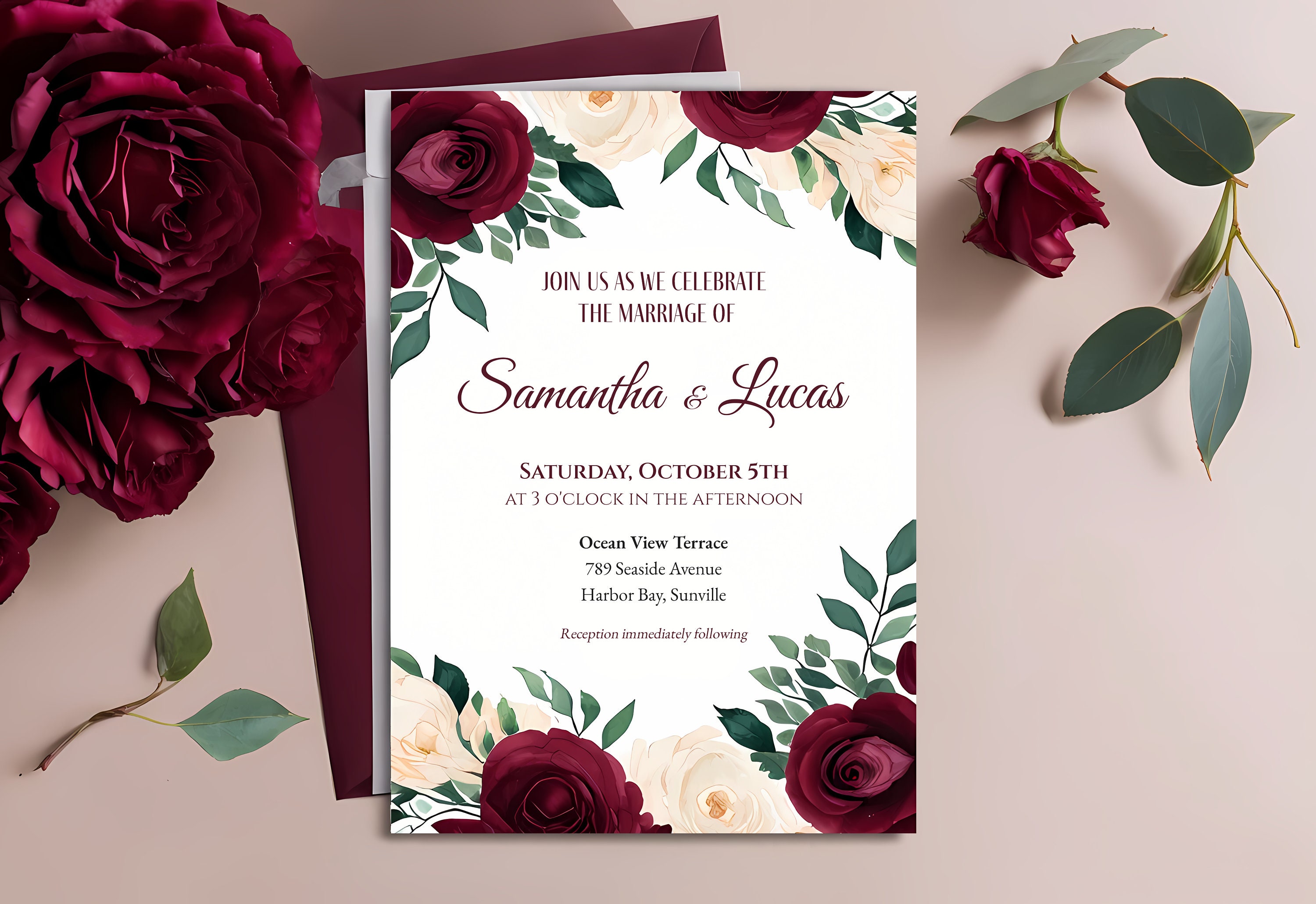 Burgundy Wedding Invitation Card, Minimalist Wedding Invitation Card ...