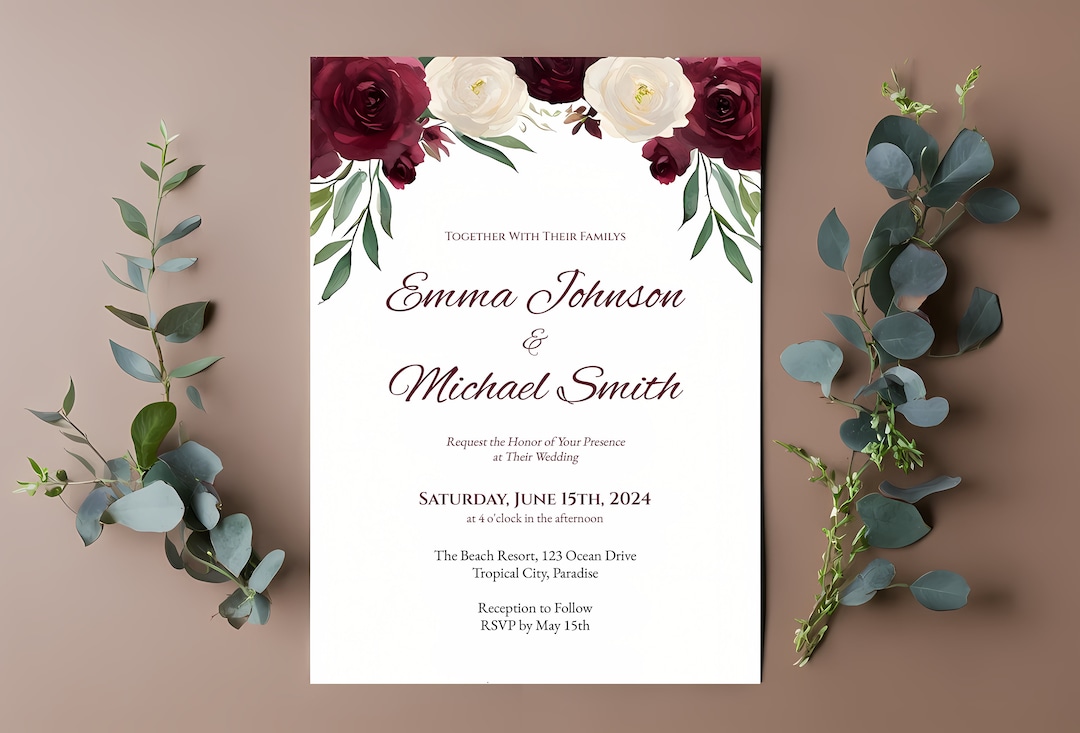 Burgundy Wedding Invitation Card, Minimalist Wedding Invitation Card ...