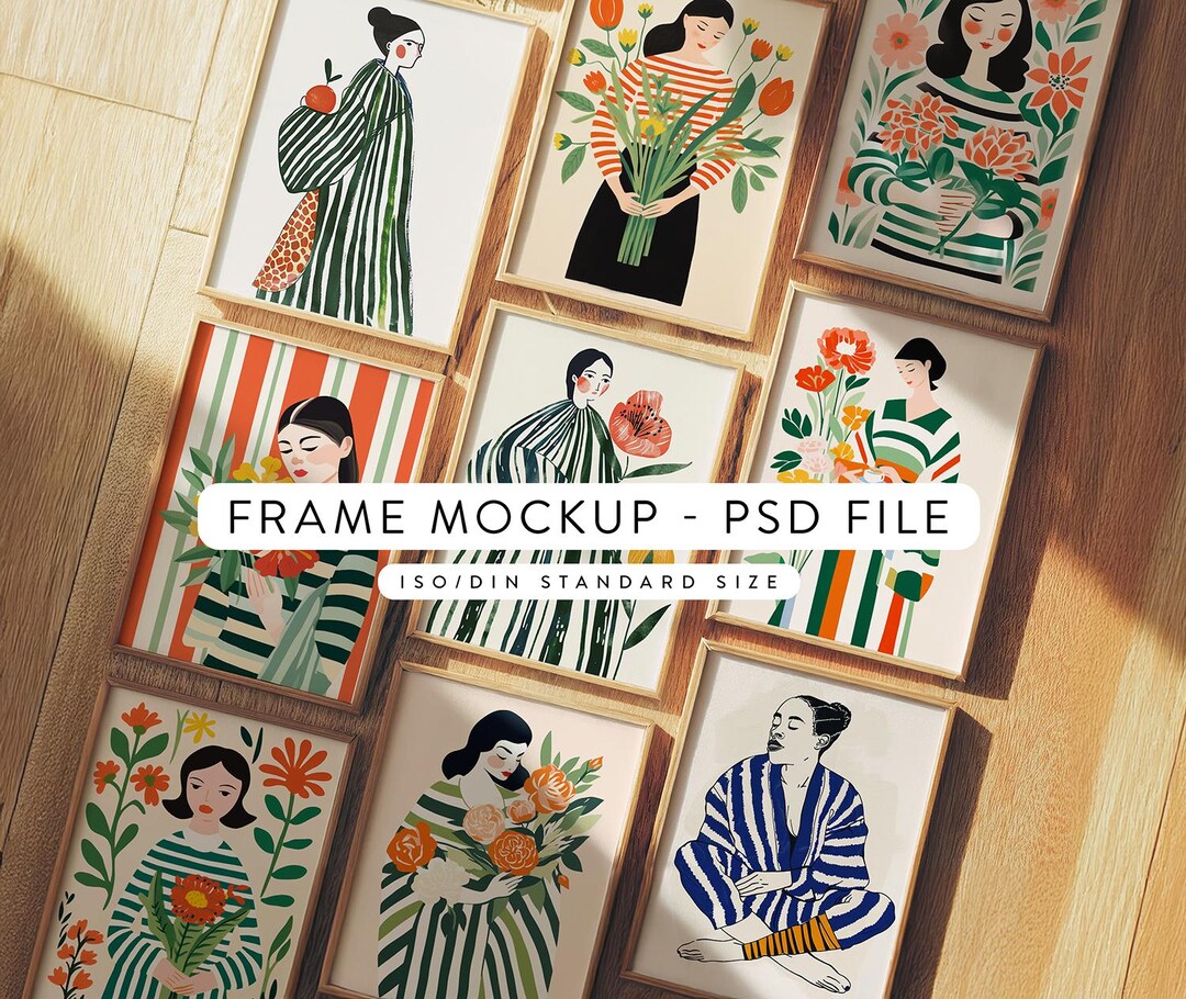 Gallery Frame Set Mockups Boho , 9 Wood Frames, Boho Style, ISO / DIN A ...