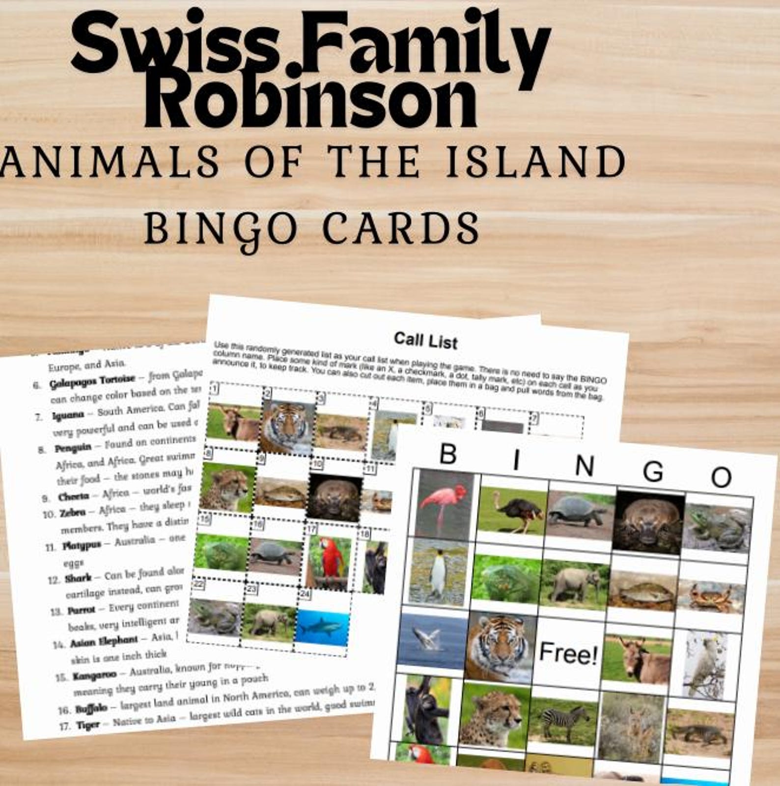 Swiss Family Robinson Animal Bingo Game - 24 Unique Bingo Cards With 3 ...