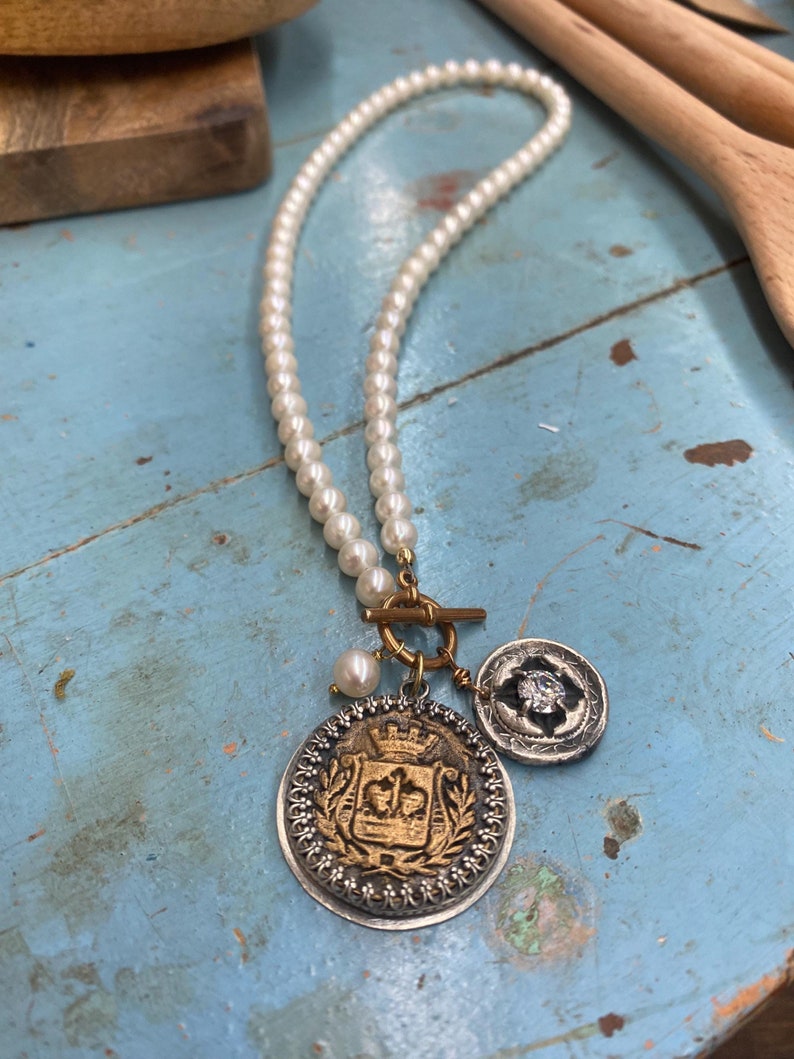 Custom Order Only French Inspired Pearl Charm Necklace Crest and Crown ...