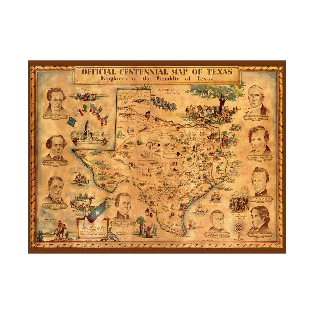 Vintage 1935 Texas Centennial Map Poster Pictorial Map of Texas ...