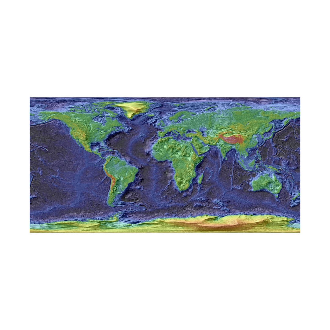 World Elevation Map Poster Explore Earth's Heights & Depths With ...