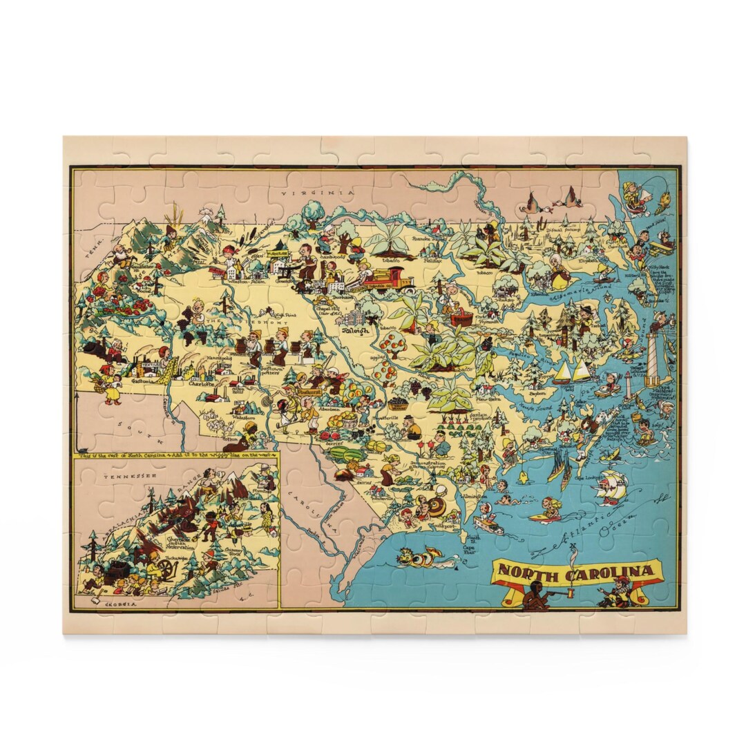 North Carolina Cartoon Pictorial Map Puzzle: 1935 Print, Gift-ready Box ...