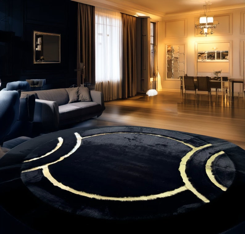 Circular Round Black Gold Fluffy Luxury Plush Elegant Non-slip Custom ...