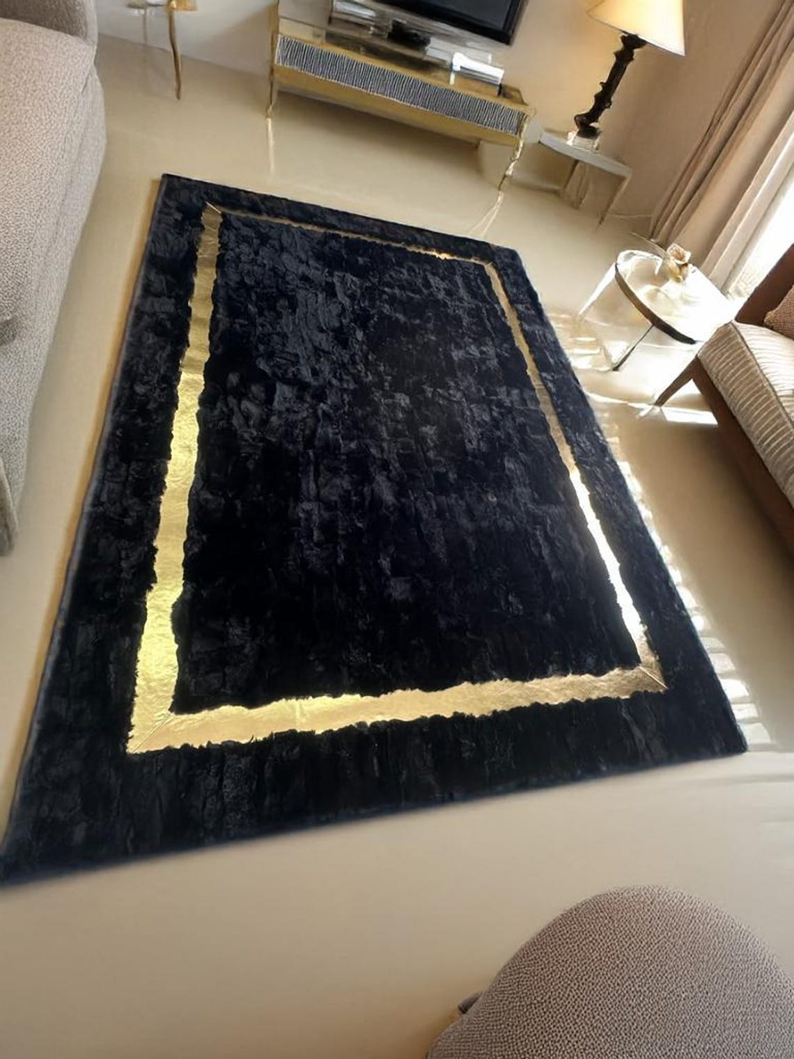 Luxe Black Gold Fluffy Modern Premium Custom Unique Area 5x8 Rug ...