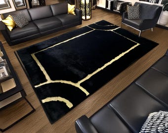 Circular Round Black Gold Fluffy Luxury Plush Elegant Non-slip Custom ...