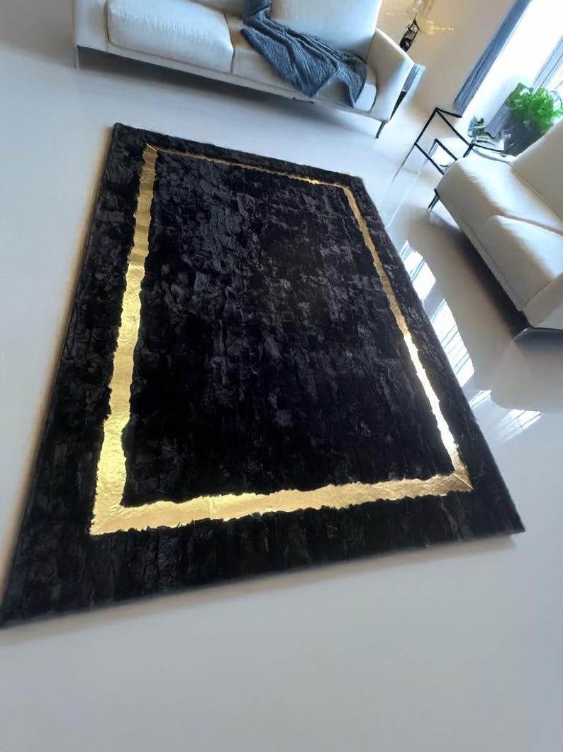 Luxe Black Gold Fluffy Modern Premium Custom Unique Area 5x8 Rug ...