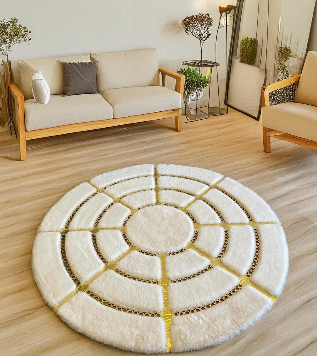 Modern White Round Fluffy Luxe Plush Elegant Non-slip Geometric Unique ...