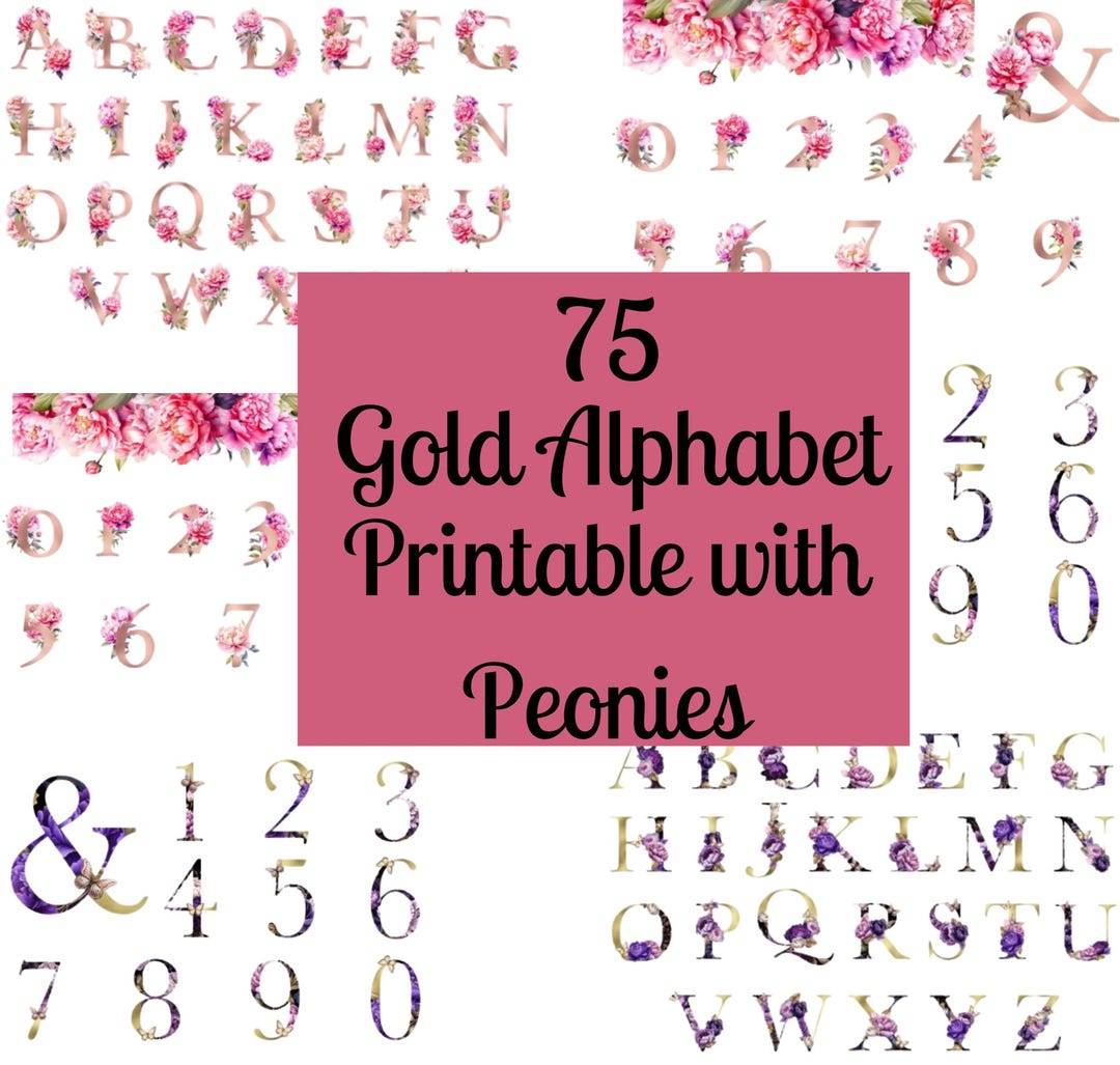 Gold Alphabet With Watercolor Peonies, Handwritten Font Bundle ...