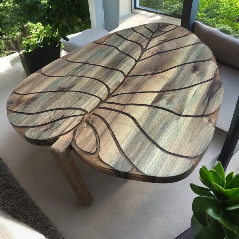 Epoxy Coffee Table, Custom Design Leaf Shaped Table, Solid Walnut Wood ...