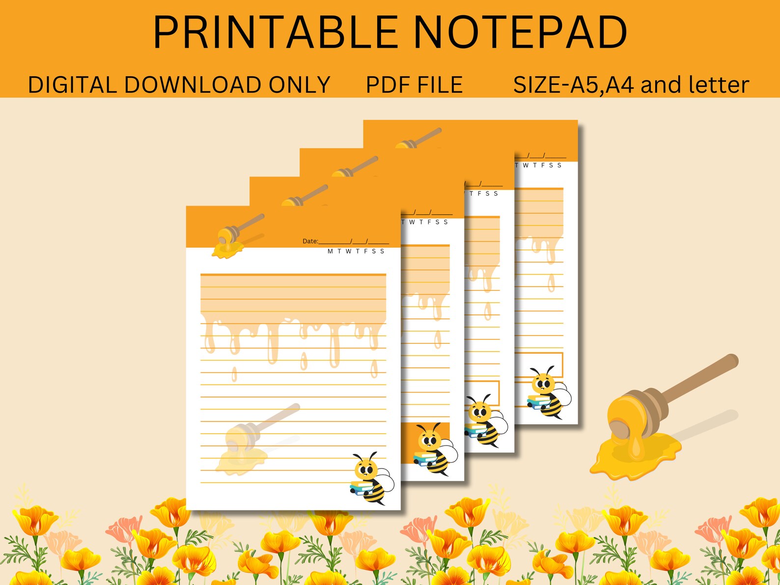 Honey Bee Printable Notepad, Printable Note. A5,A4 and Letter Size. Honey Bee Notepad. Orange ...