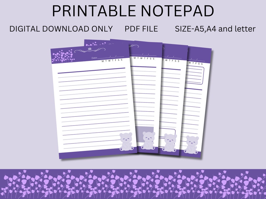 Bear Printable Notepad, Printable Note. A5,A4 and Letter Size. Polar Bear Notepad. Violet ...