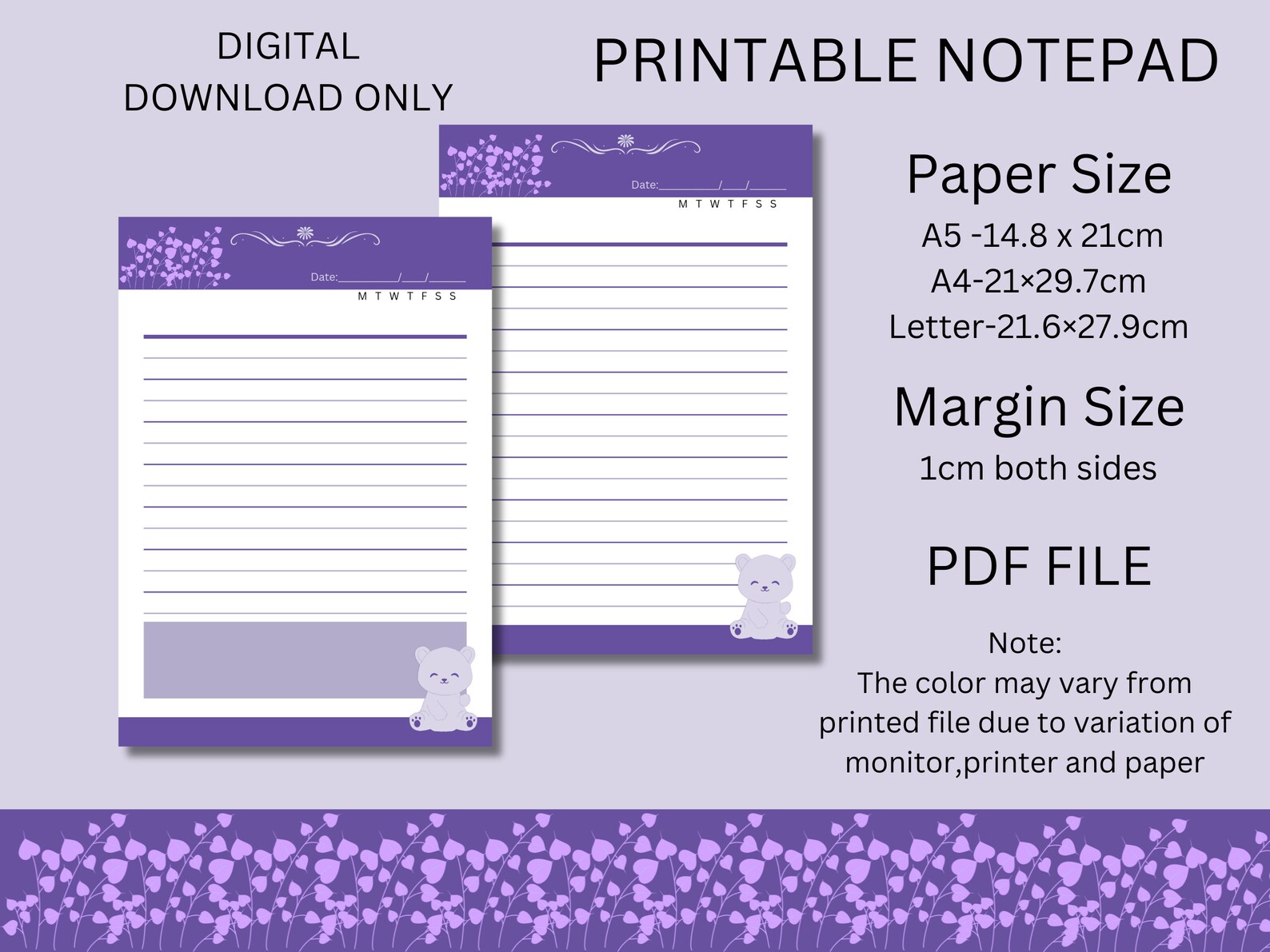 Bear Printable Notepad, Printable Note. A5,A4 and Letter Size. Polar Bear Notepad. Violet ...