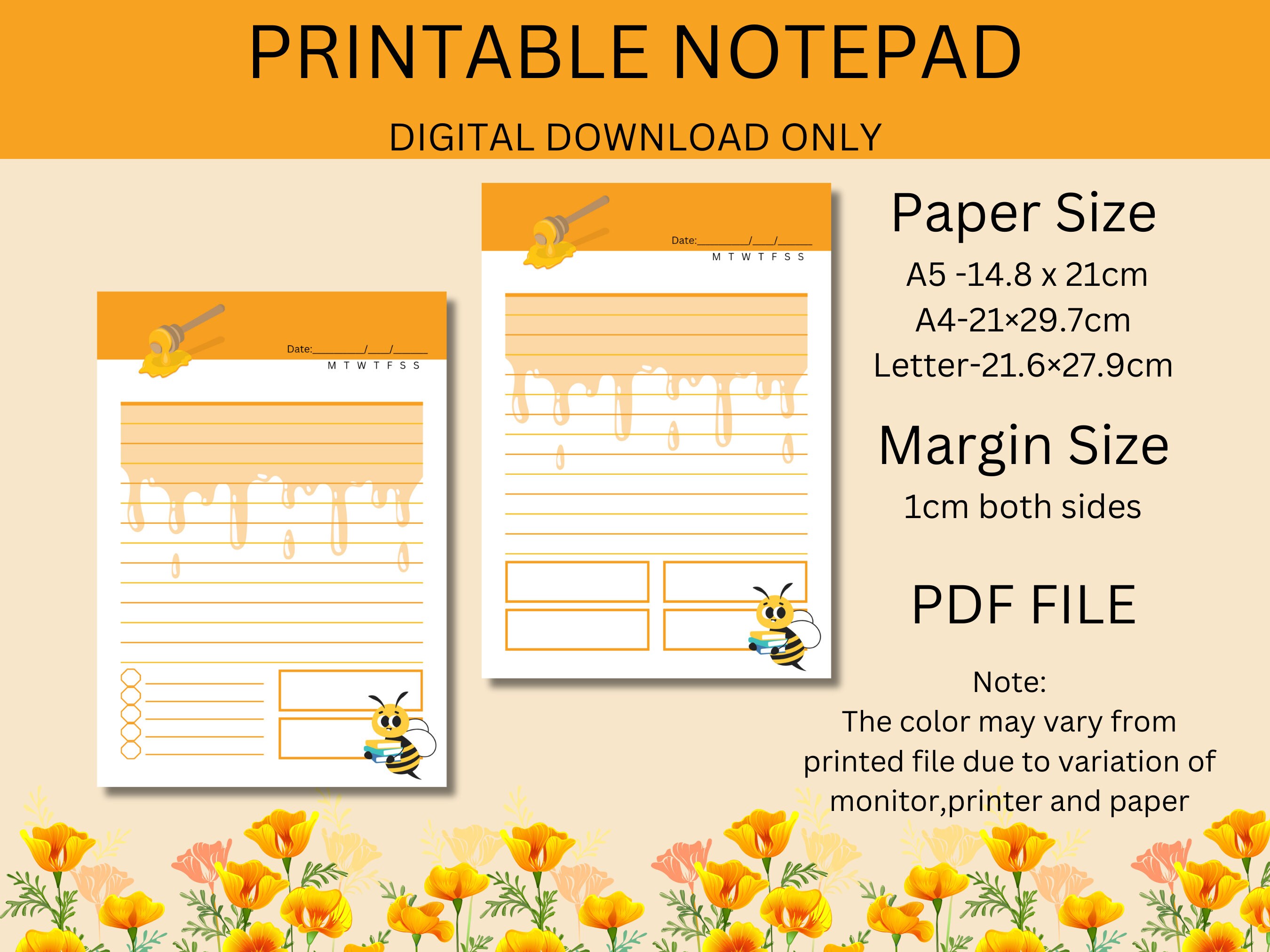 Honey Bee Printable Notepad, Printable Note. A5,A4 and Letter Size ...