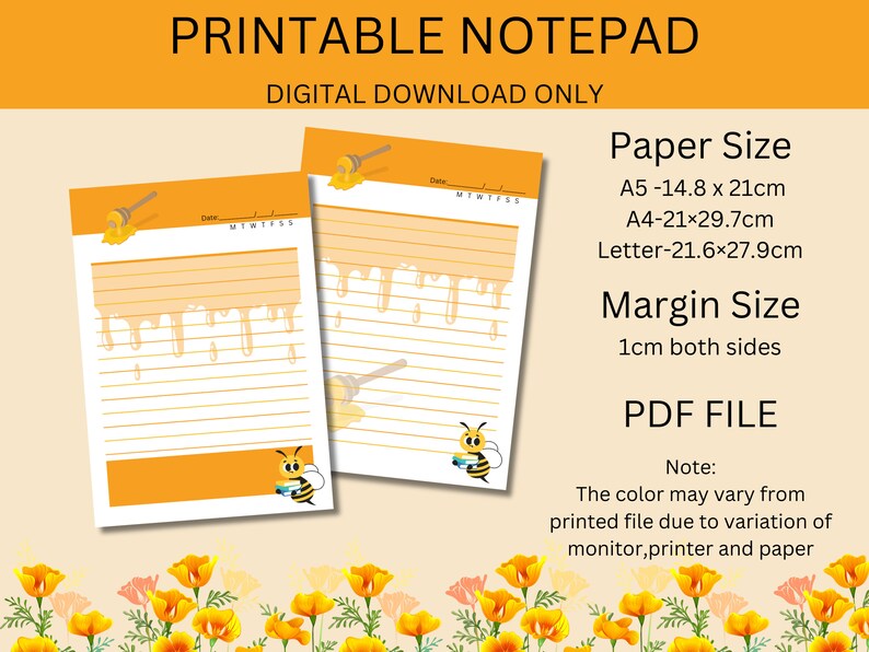 Honey Bee Printable Notepad, Printable Note. A5,A4 and Letter Size ...