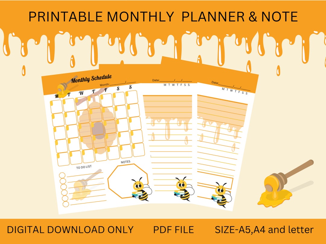 Honey Bee Printable Monthly Planner, Bee Planner, Monthly Planner ...
