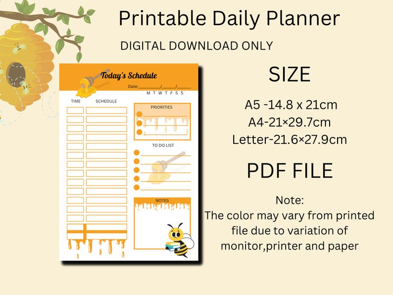Honey Bee Printable Planner: Daily, Weekly, Monthly (digital Download ...