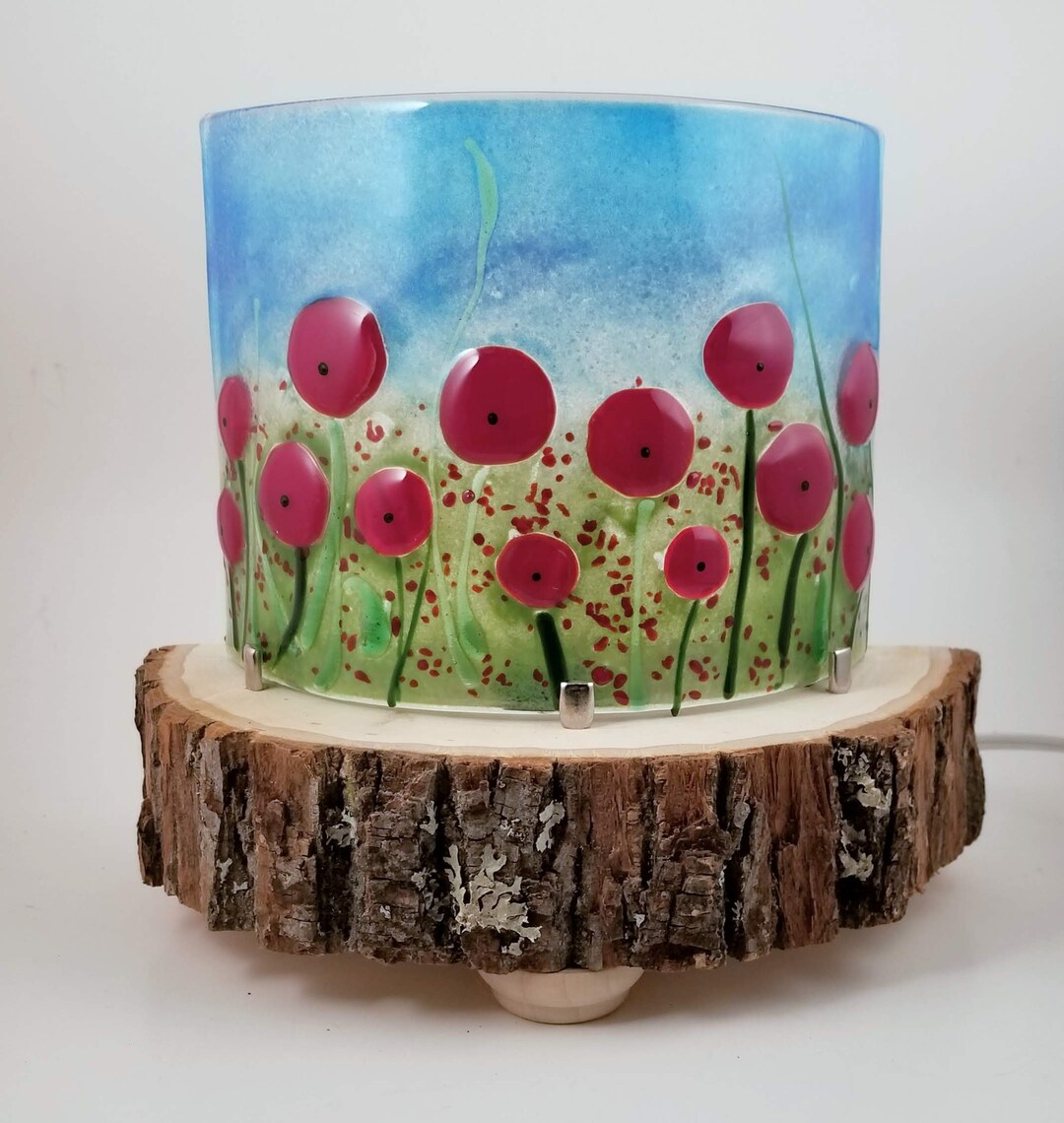 Fused Glass Red Poppy Field Desktop Nightlight on Natural Wood Base - Etsy