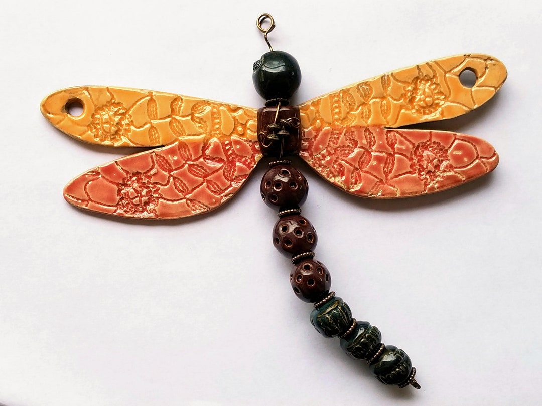 Clay Doily Pattern Dragonfly in Tangerine and Watermelon With Stoneware ...