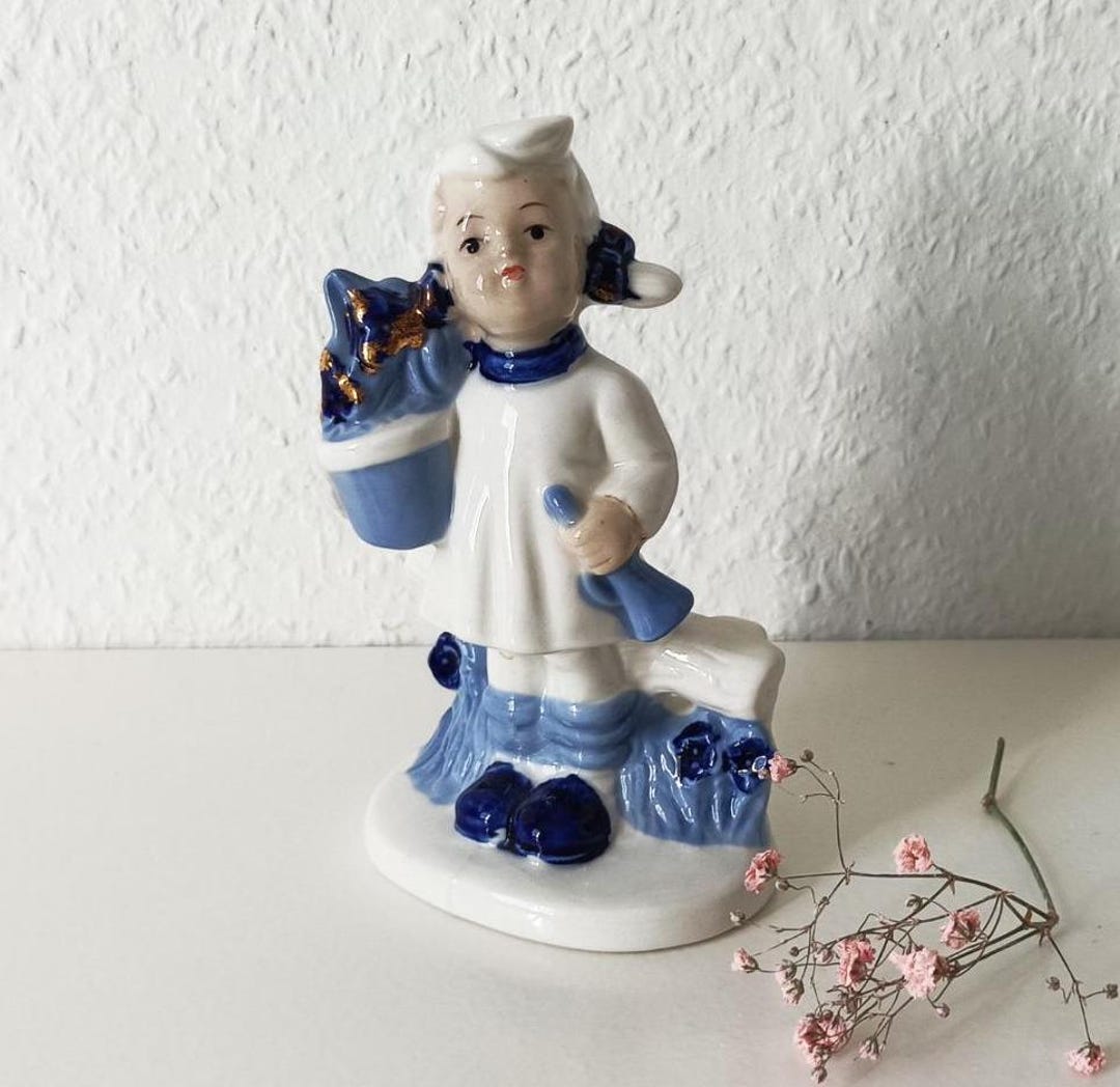 Vintage Porcelain Figurine Girl, Blue White Gold Ceramic Statuette ...
