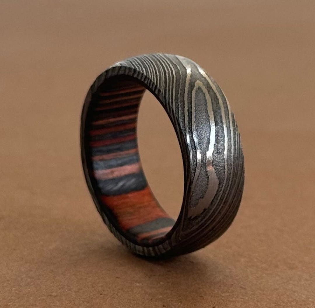 Damascus Steel Whiskey Barrel Dome Ring Engagement Ring Wedding Ring ...