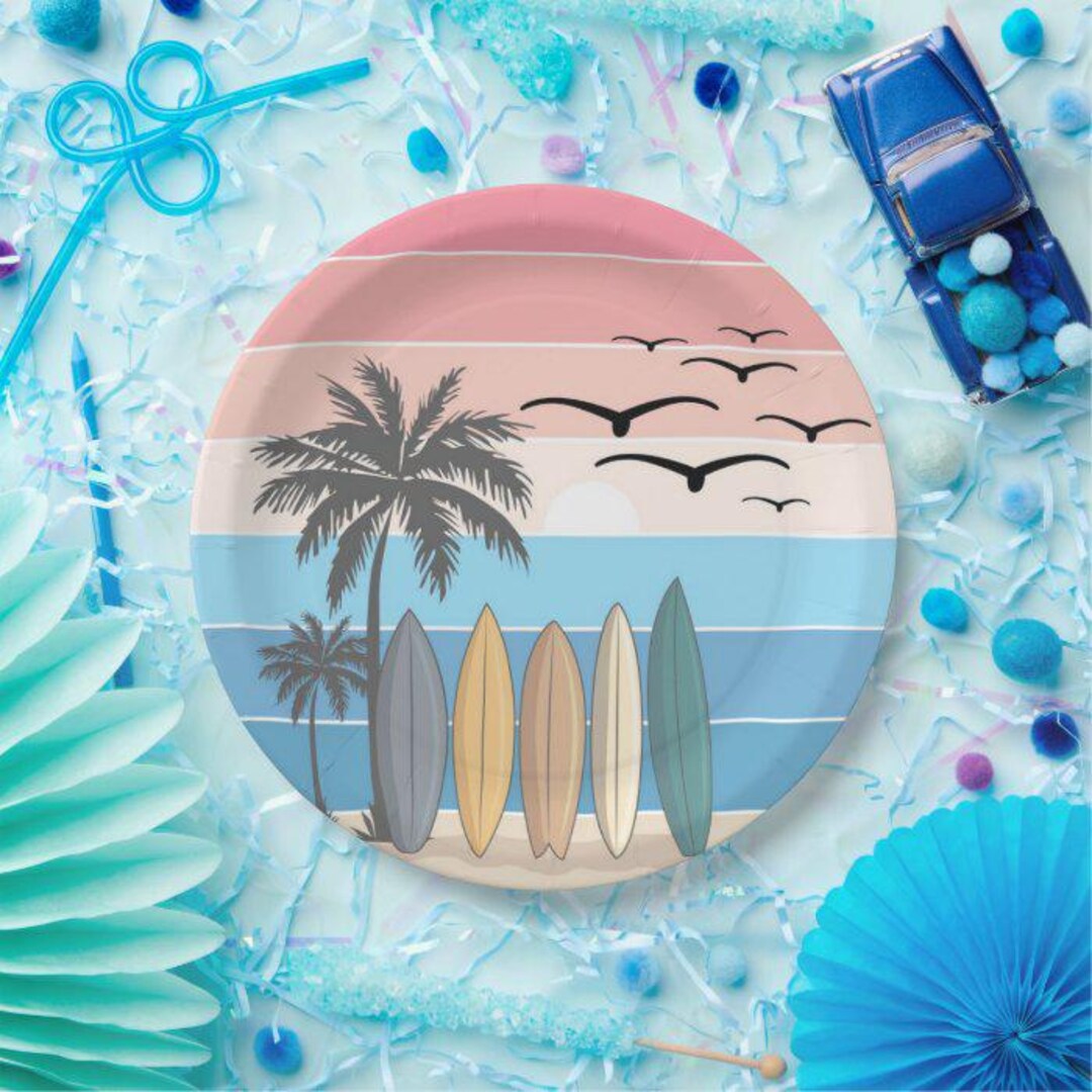 Summer Beach Party Plate With Surfboard Palm- Custom Party Plates ...
